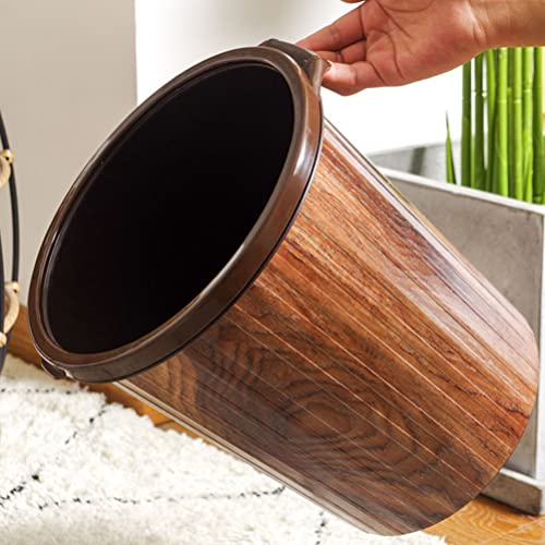 Angoily Trash Can with Pressing Ring 10L Imitation Wood Grain Waste Basket Garbage Can Rubbish Bin Flower Pot Toys Bucket for Home Office Brown