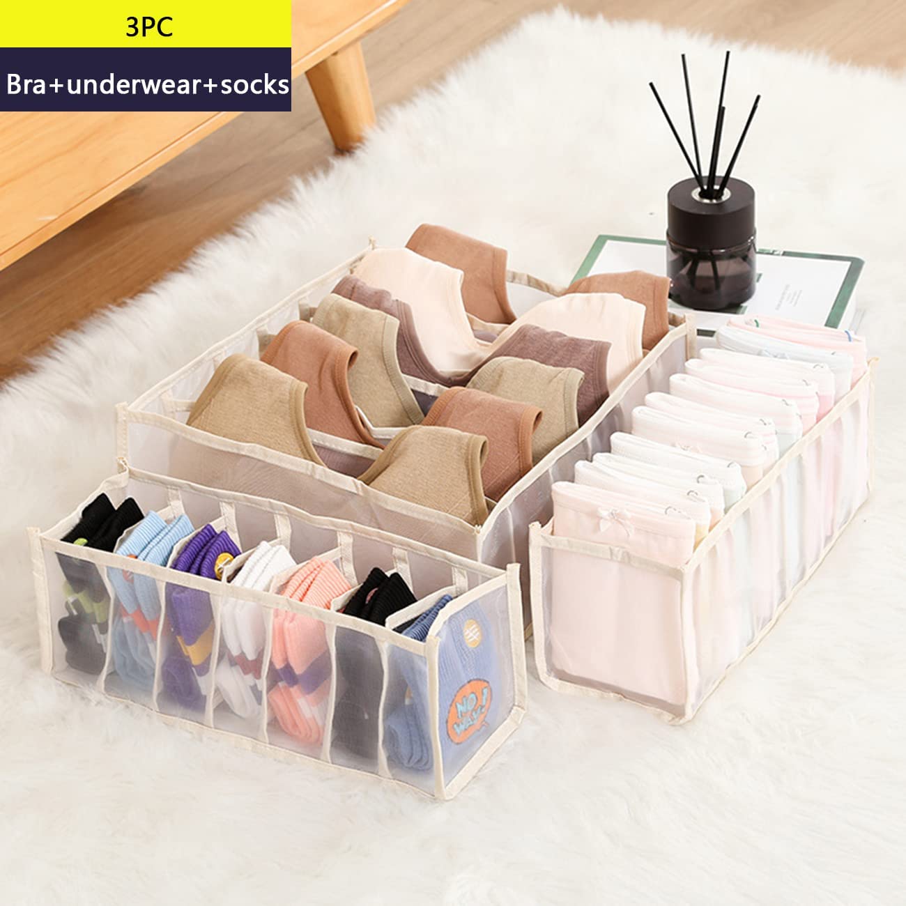 AmasSmile Wardrobe Clothes Organizer, 7 grids Washable Clear Mesh Closet Organizers and Storage Bins Drawer Dividers for Underwear,Bra, Underpants, Socks(3PCS BEIGE)