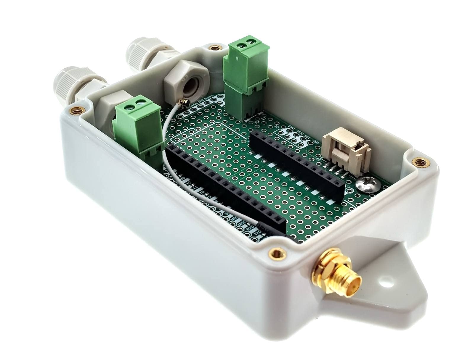 qBoxMini AFC DIY IOT Enclosure Kit (One SMA), IOT Enclosure for Feather ESP32 Cellular LoRa WiFi Arduino Board, Waterproof IP65 Enclosure with Glands, prototyping PCB, connectors Set and SMA