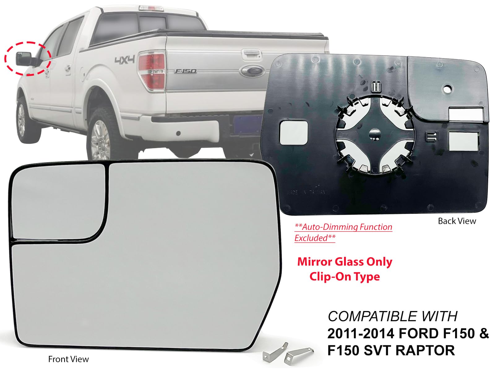 APA Replacement for Mirror Glass with Spotter Glass Non-Heated 2011-2014 F150 and SVT RAPTOR Pickup Truck Driver Left Side BL3Z17K707D FO1324144