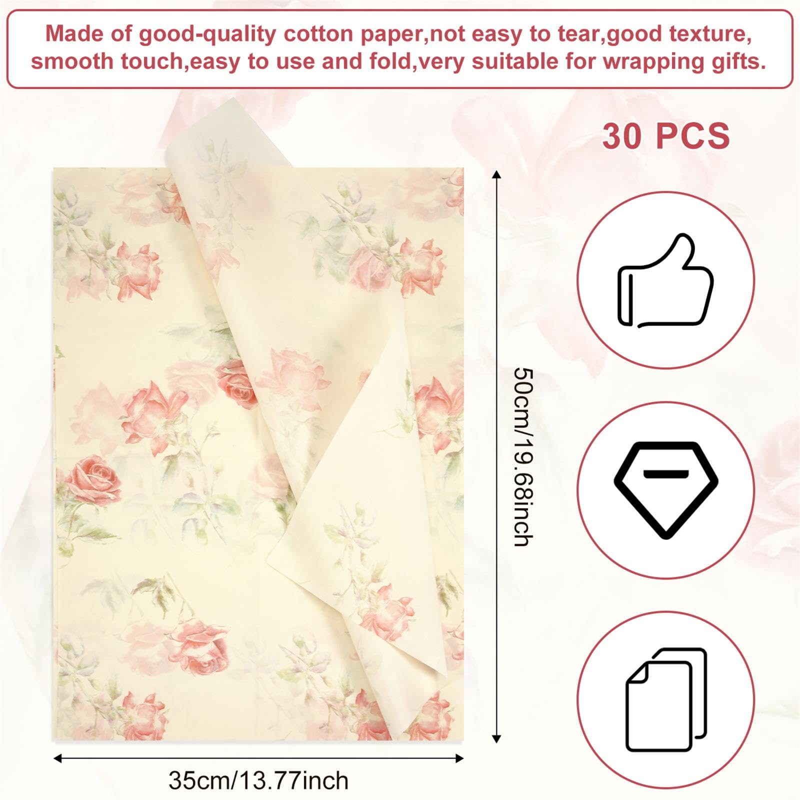 30pcs Rose Tissue Paper, 14x20 Inch Packaging Tissue Paper Gift Wrap Paper Retro Rose Tissue Paper Sheets for Gift Bag Packaging Wedding Birthday Party