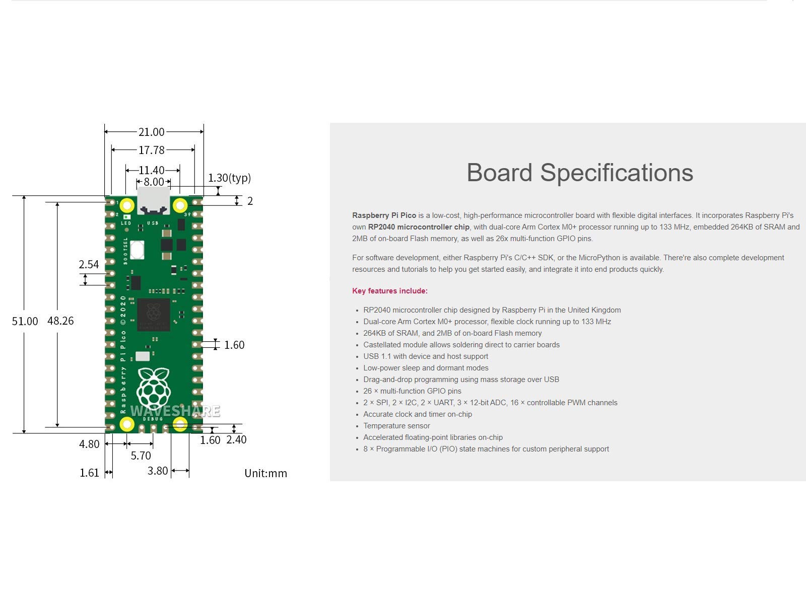 Raspberry Pi Pico Microcontroller Board with Pre-soldered Header Low-Cost, High-Performance,Based on RP2040 Chip, Dual-core Arm Cortex M0+ Processor,Flexible Clock Running up to 133 MHz