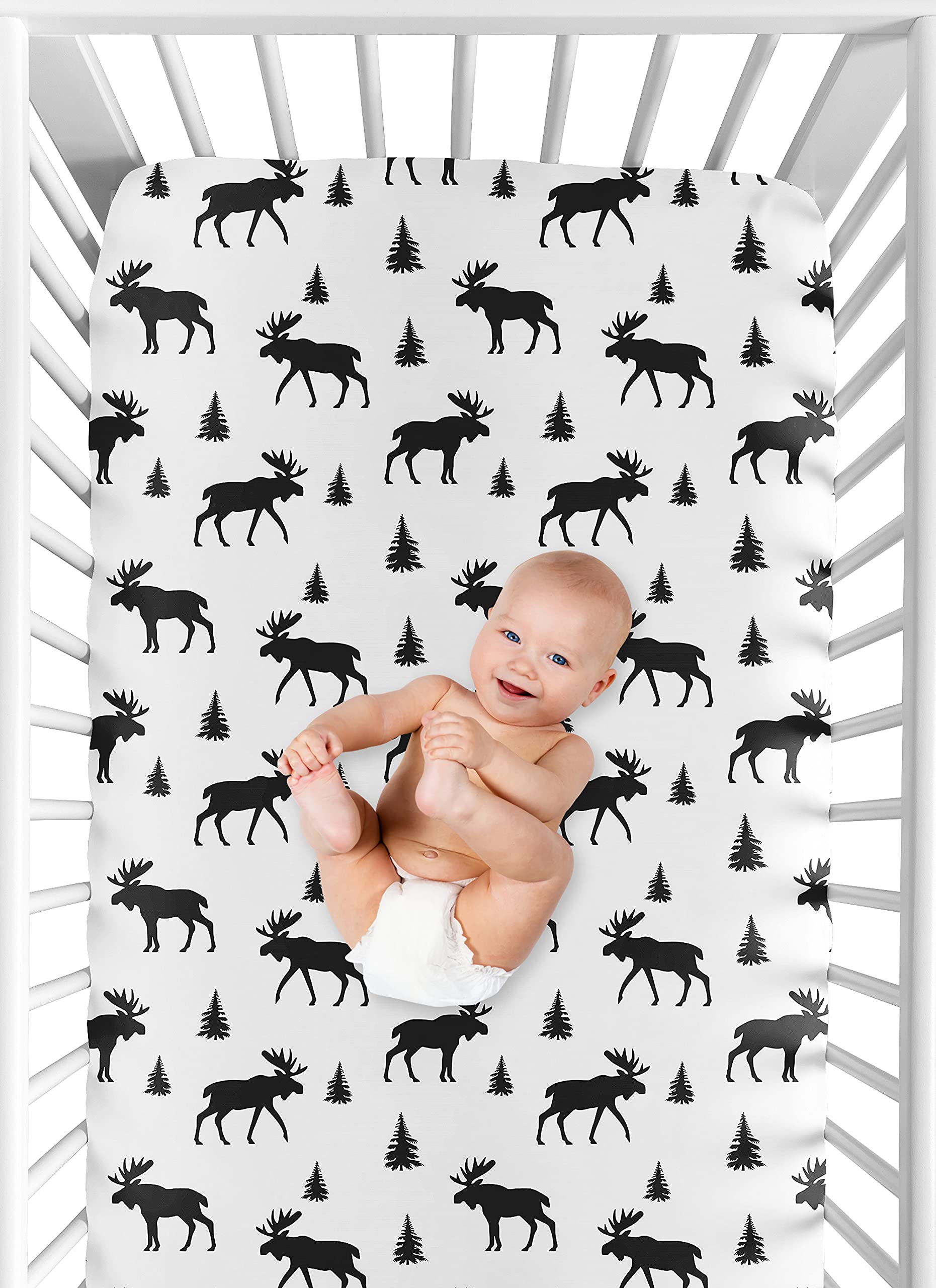 Black and White Woodland Moose Baby or Toddler Fitted Crib Sheet for Rustic Patch Collection by Sweet Jojo Designs