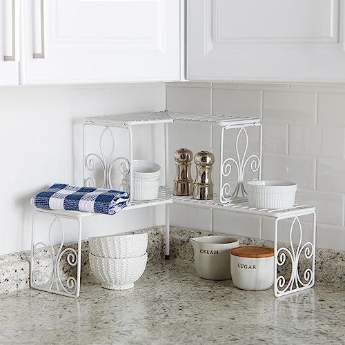 BrylaneHome Scroll 2-Tier Corner Shelf Kitchen Space Saver Organization, White