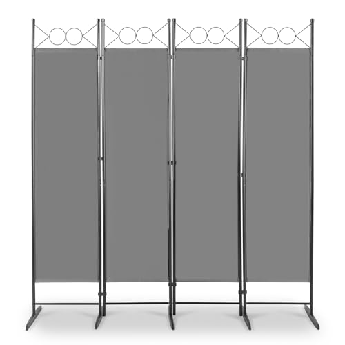 4 Folding Wall Divider, Partition Room Dividers with Decorative Top, 5.74 ft Foldable Privacy Screen Room Separator with Steel Frame, Polyester Fabric, Plastic Feet for Bedroom, Office Gray