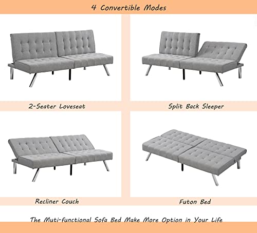 68"Convertible Folding Futon Sofa Bed,Split Back Design,Modern Fabric Sleeper Couch Bed with Chrome Legs,Upholstered Recliner Loveseat for Small Spaces Living Room Dorms Office (Ligjt Grey armless)