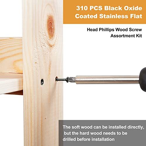 VIGRUE 310 Pcs #6 1/2'' to 1'' #8 1/2'' to 1-1/2'' Wood Screws Black Oxide Coated Stainless Steel Flat Head Phillips Drywall Screw Assortment Kit, Self Tapping Screws Kit in 8 Sizes
