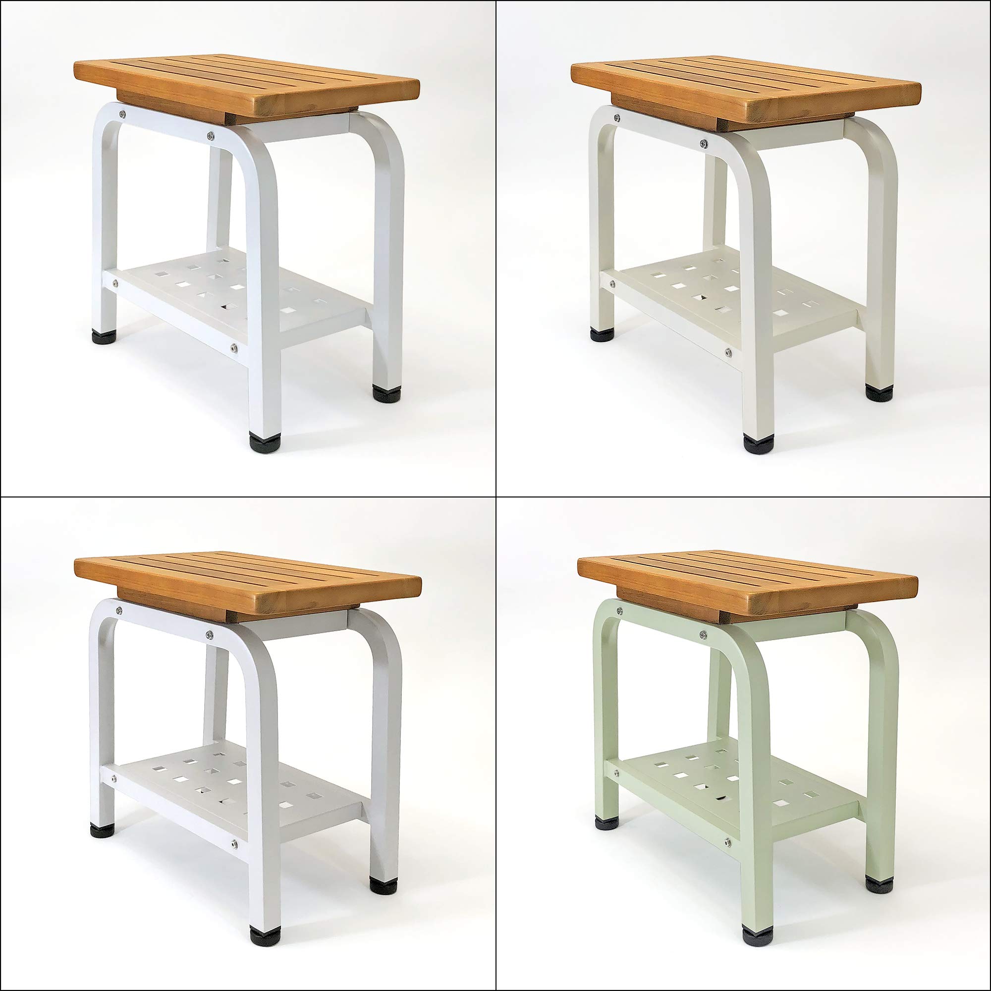 Aman Shower Bench, Teak & Aluminum Shower/Bath/Spa/Patio Stool Bench, Chair/Side Table with Storage Shelf for Indoor/Outdoor, Adjustable TPR Foot Pads, B101/BGE (Light Beige)