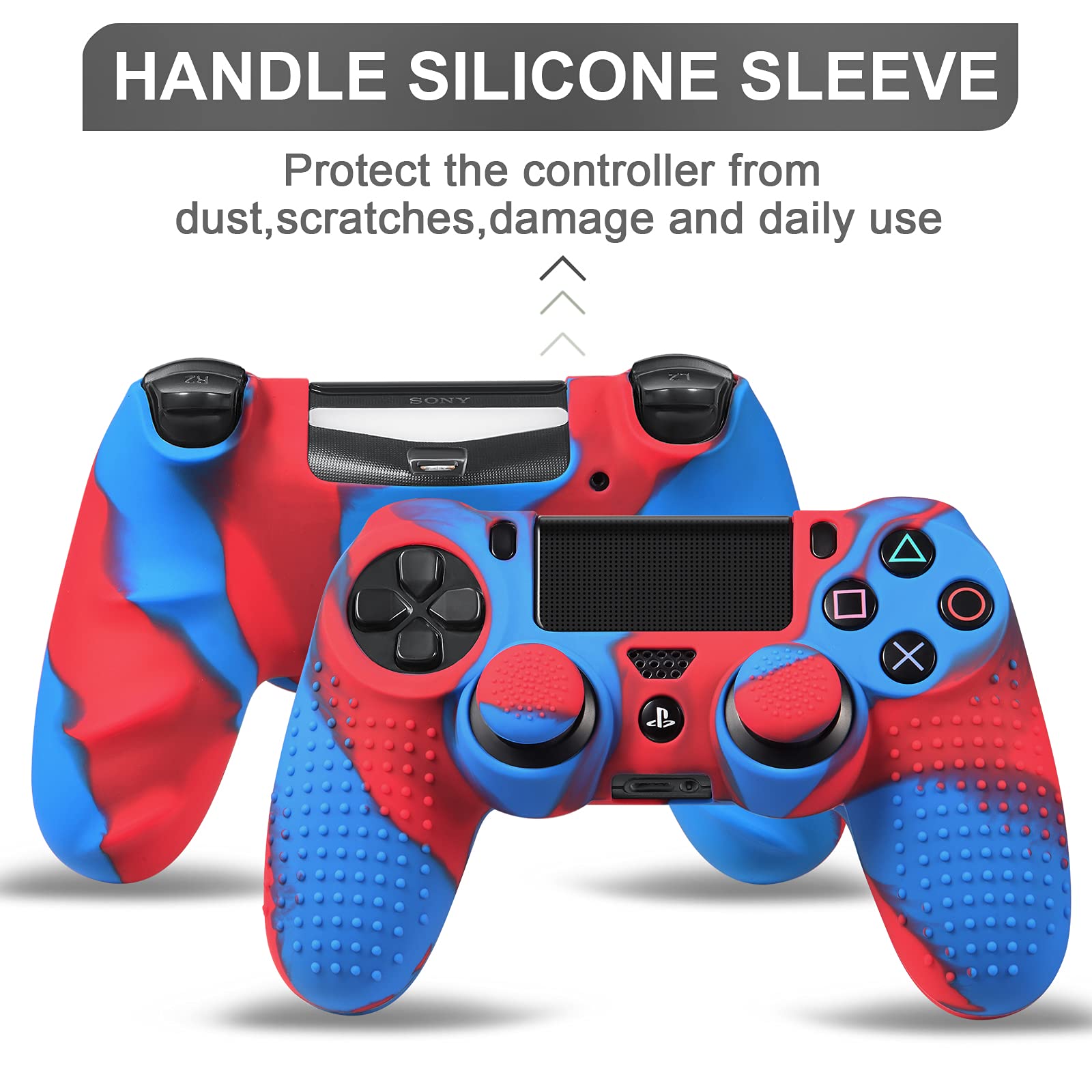 2 Pack Studded Anti-Slip Silicone Cover Skin for Sony PS4 DualSense Controller, Soft Rubber Case for Playstation 4 Wireless Controller with 10 x Pro Thumb Grip Caps (Camo Green Brown,Camo Red Blue)