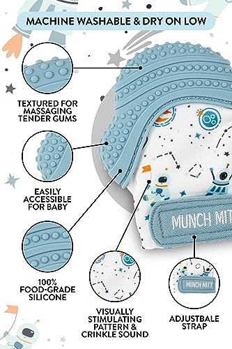 Malarkey Kids Patented Teething Mitten, Munch Mitt Baby Chew Toy - Protects Hands from Chewing & Saliva, Heals Aching Gums, Promotes Sound & Visual Stimulation for Babies - Outer Space