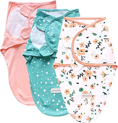 Hooyax Swaddle Blanket for Baby Boys and Girls, Cotton Swaddle Wrap Adjustable Sleep Sack for Newborn Baby, 3 Pack, Pink+Green+Floral Large(3-6 Months)