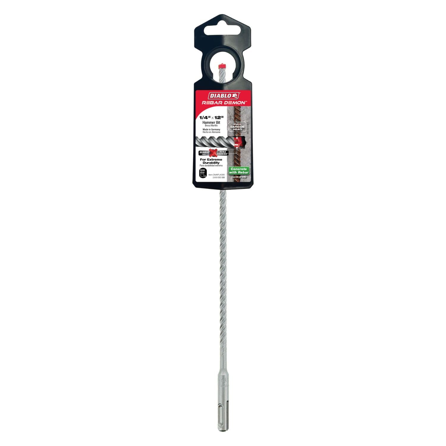 Diablo Rebar Demon SDS-Plus 4-Cutter Full Carbide Head Hammer Drill Bit for Concrete and Reinforced Materials - 1/4" Diameter, 12" Length, 10" Working Length - DMAPL4090