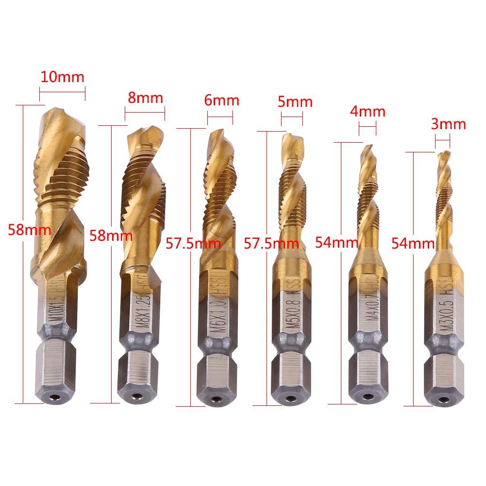 Combination Drill Tap, 6pcs 1/4" Hex Shank Metric Thread, M3-M10 Coated HSS Drill and Tap Bits Screw Taps Tool Set