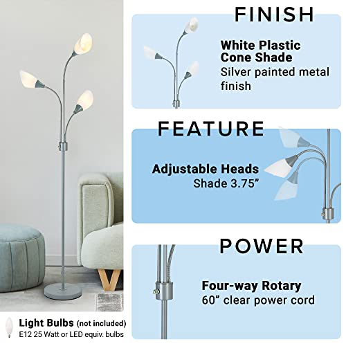 Catalina Lighting 70.25" Medusa 3-Light Floor Lamp with White Shades, Classic Silver