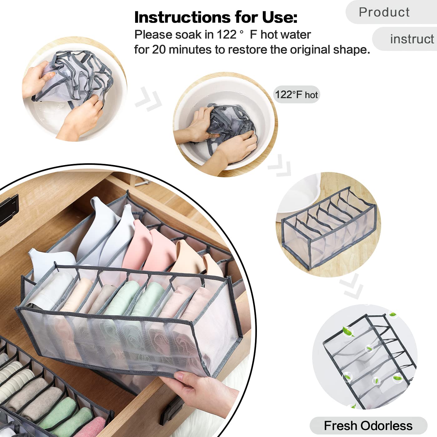 AmasSmile Wardrobe Clothes Organizer, 7 grids Washable Clear Mesh Closet Organizers and Storage Bins Drawer Dividers for Underwear,Bra, Underpants, Socks(3PCS BEIGE)