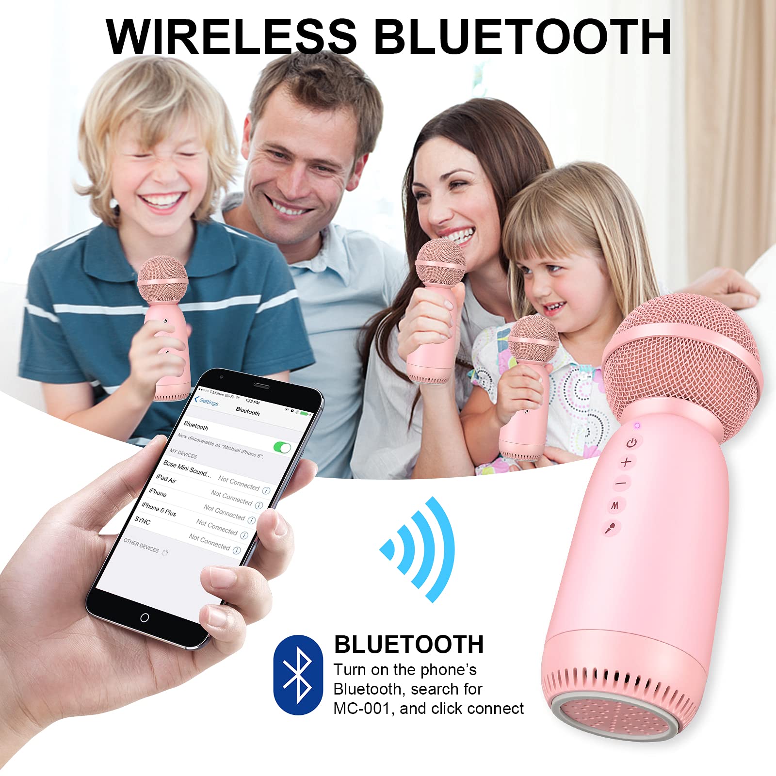 Aokeo Wireless Microphones Bluetooth Speaker, Wireless Karaoke Mic for Kids Children Mic for Singing Portable Karaoke Machine Mic,Home Birthday Party(Pink)