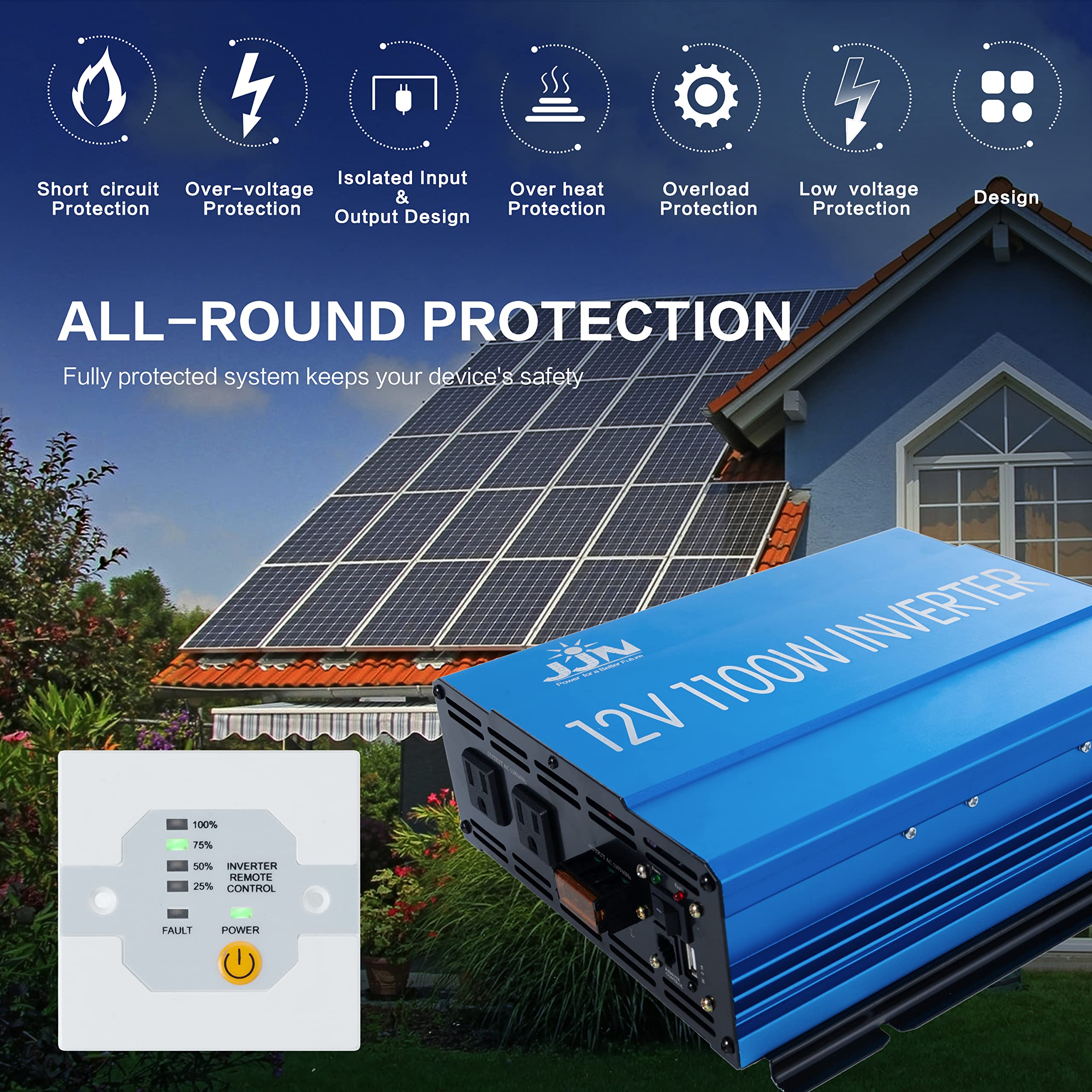 2000 Watt Power Inverter Modified Sine Wave Inverter 12V DC to 110V AC Converter for Home, RV, Truck, Off-Grid Solar Power Inverter with Built-in 5V/2.1A USB Port, AC Hardwire Port, Remote Controller