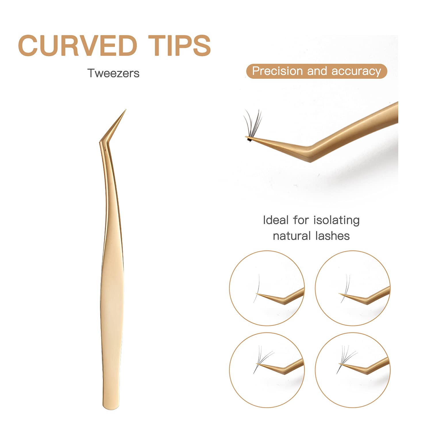 Eyelash Extension Tweezers, 3-Pack,Professional Stainless Steel Tweezers for Volume Lashes, Straight and Curved Tips for 3D-6D,Golden