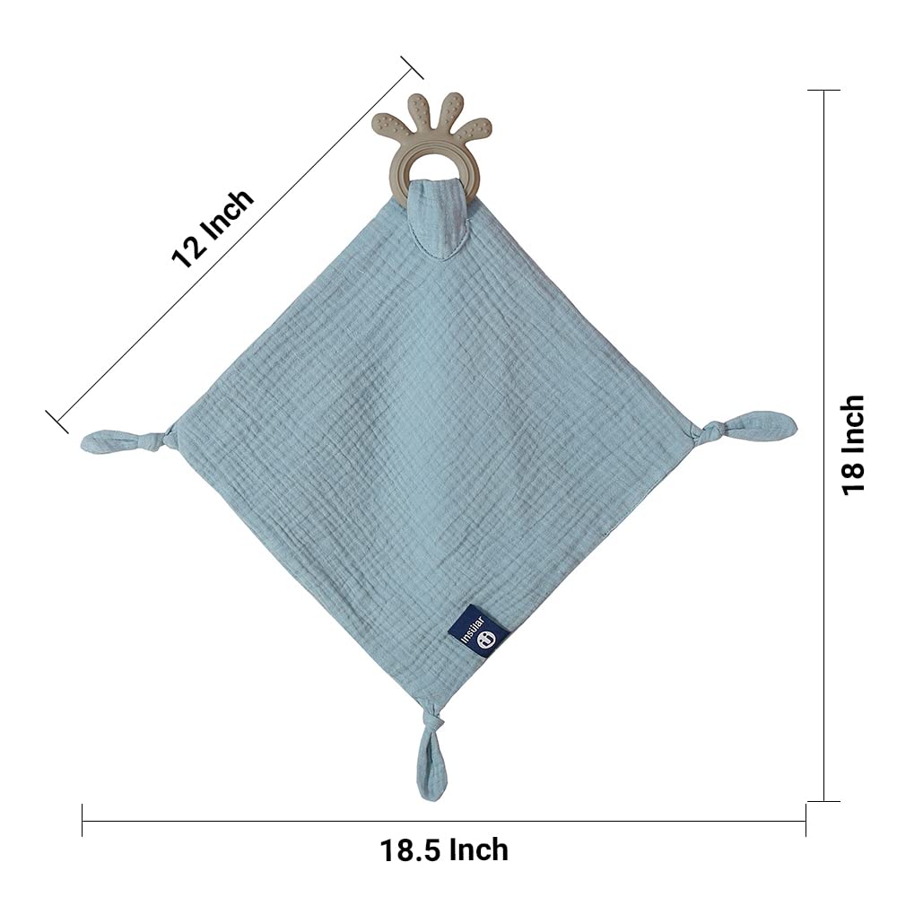 AmazingM Baby Muslin Security Blanket with Food Grade Silionce Teether,Soothe Teething Toy for Boys and Girls,100% Polyester (Blue)