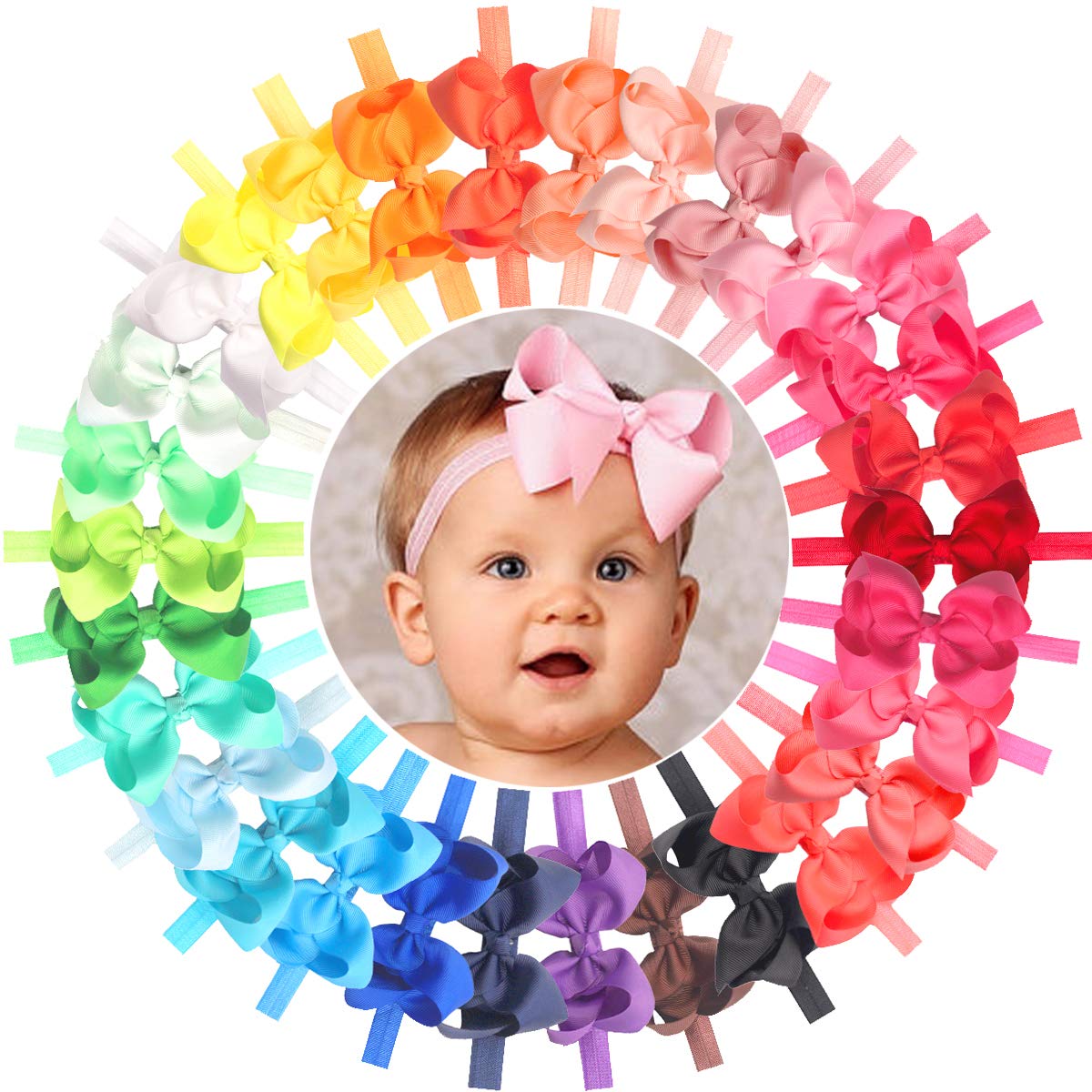 CÉLLOT Baby Girls Headbands Grosgrain Ribbon 4.5" Hair Bows Headband Big Bow Hair Bands for Toddler Pack of 30