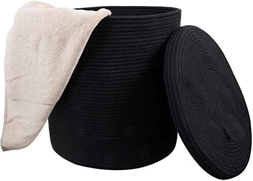 Cotton Rope Storage Basket with Lid | Large Woven Baskets and Handles 15" x 13" | for Nursery, Laundry, Black Round Hamper, Home Living Room Floor, Toy Organizing bins, Blanket, Pillow and Big