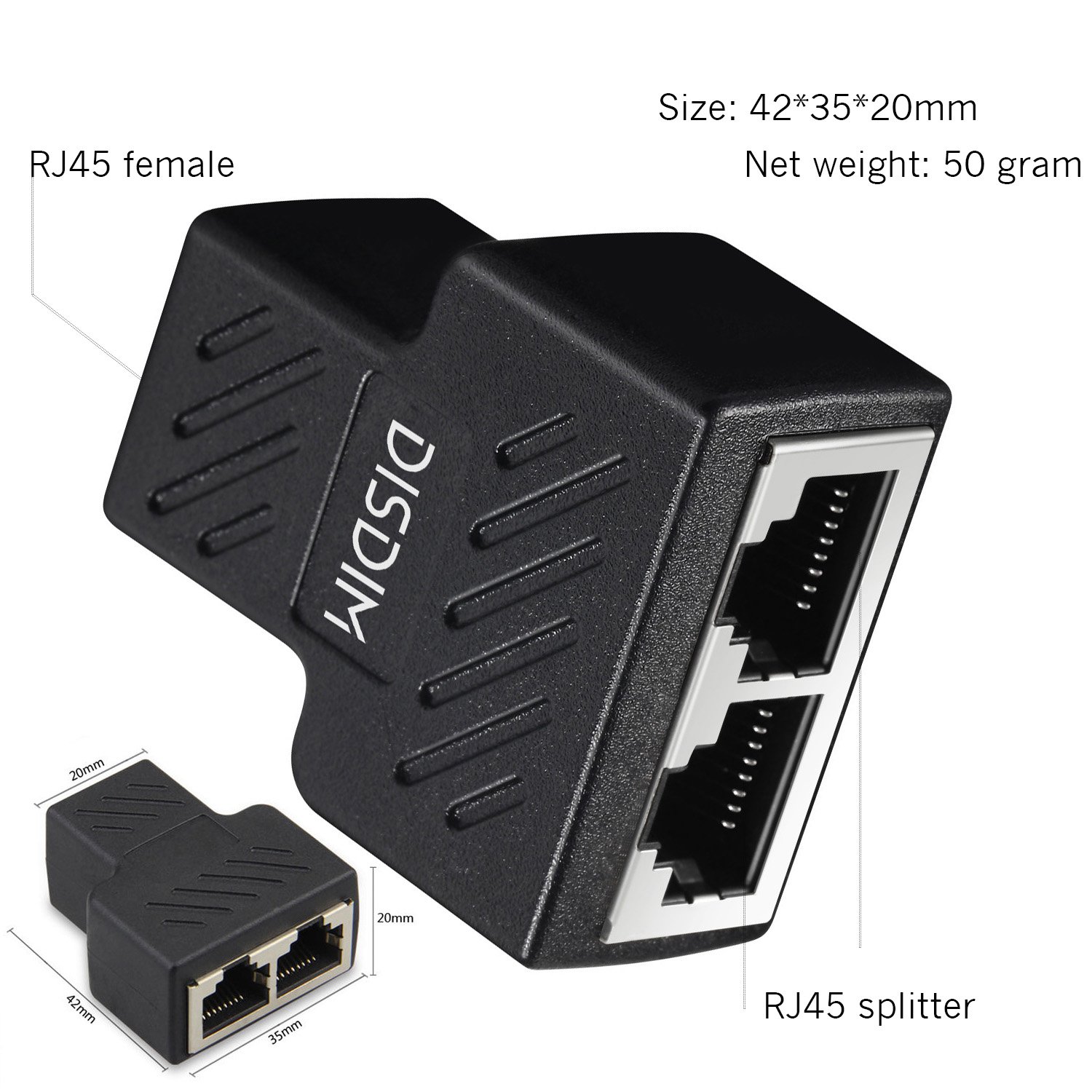 RJ45 Splitter, DISDIM RJ45 Adapter 1 to 2 Ethernet Splitter 8P8C Extender Plug LAN Connector with Shield [Anti-Signal Interference] Compatible with Cat 5/ Cat5e / Cat 6 / Cat7 Network Cable