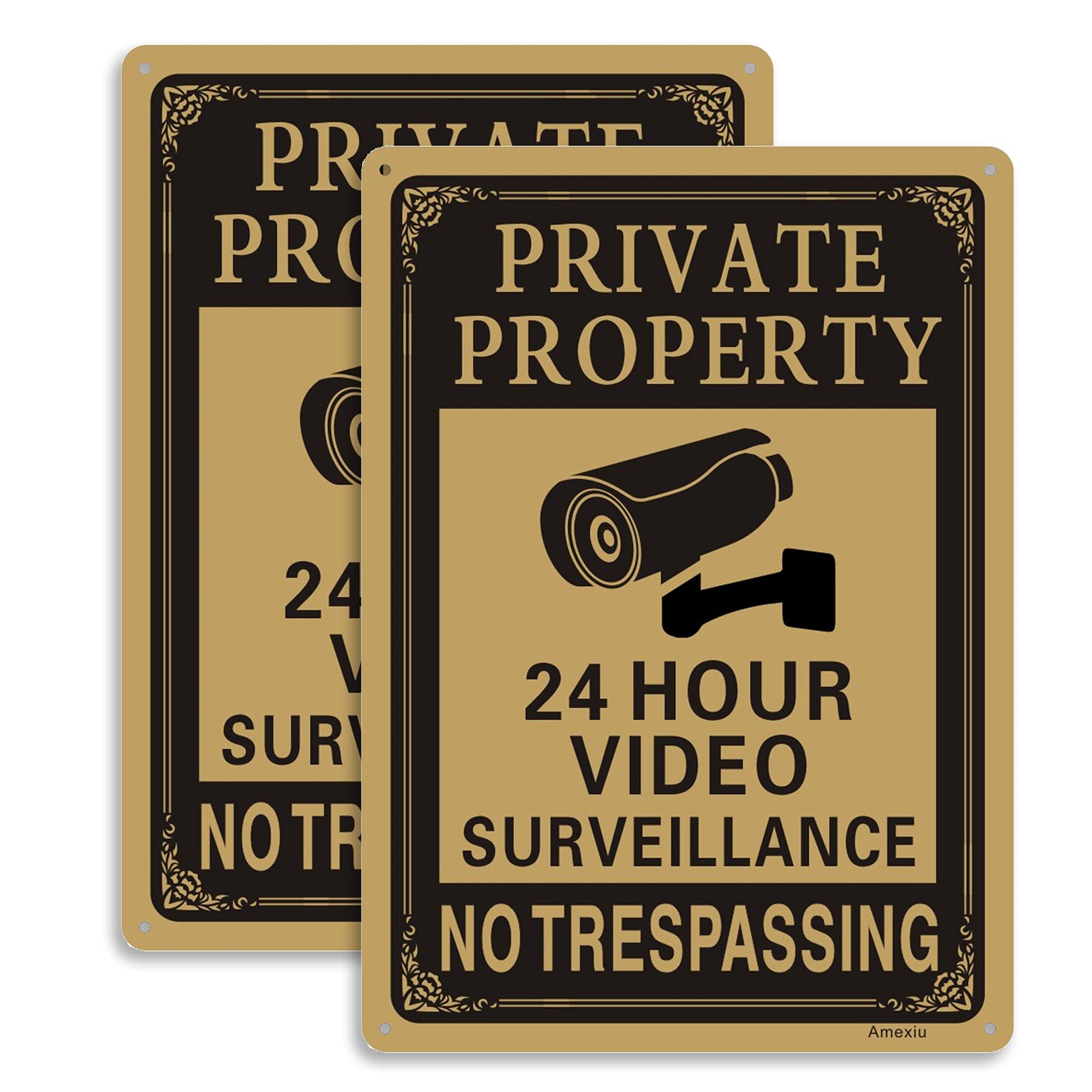 3 Pack Private Property No Trespassing Sign, 24 Hours Video Surveillance Warning Sign | 10" x 7" Rust Free Aluminum Easy Mounting Fade Resistance.