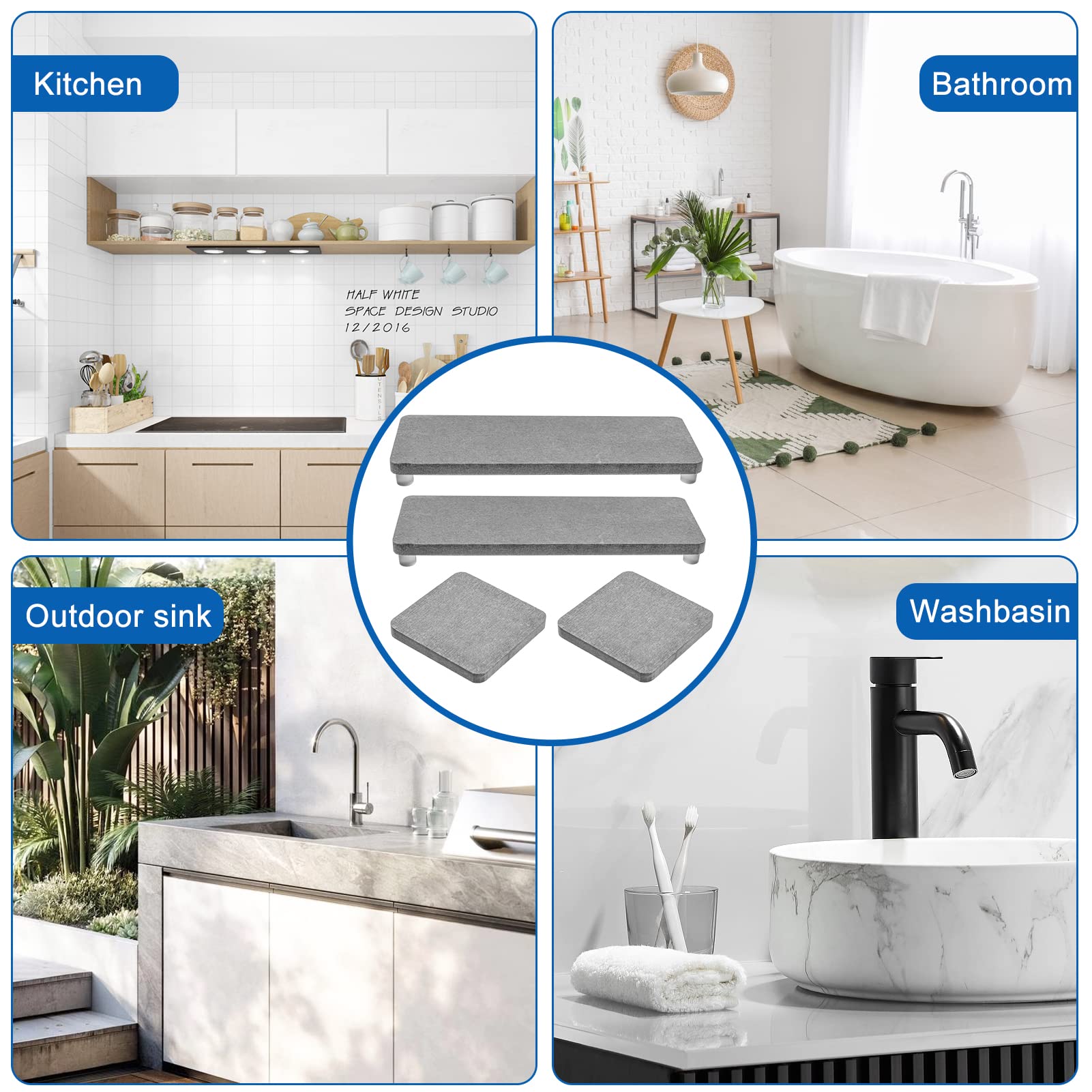 4 Pack Water Absorbent Diatomite Coasters, Instant Dry Sink Organizer Water Absorbing Stone Tray Diatomaceous Earth Soap Dish Toothbrush Holder Stone Drying Mat for Bathroom Kitchen Sink Countertop