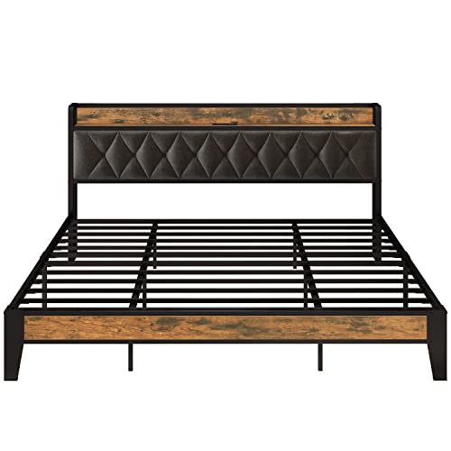 ANCTOR King Size Bed Frame, Storage Headboard with Outlets, Easy to Install, Sturdy and Stable, No Noise, No Box Springs Needed - Perfect for a Good Night's Sleep