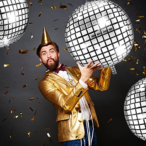 6 Pcs 32 Inch Big Disco Ball Balloon 70s Disco Balloons Disco Party Decoration Large 4D Silver Metallic Disco Balloon Giant Mirror Disco Balloon for 70s Disco Dance Birthday Wedding Graduation