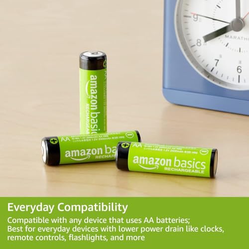 Amazon Basics 8-Count Rechargeable AA NiMH Batteries, 2000 mAh, Recharge up to 1000x Times, Pre-Charged