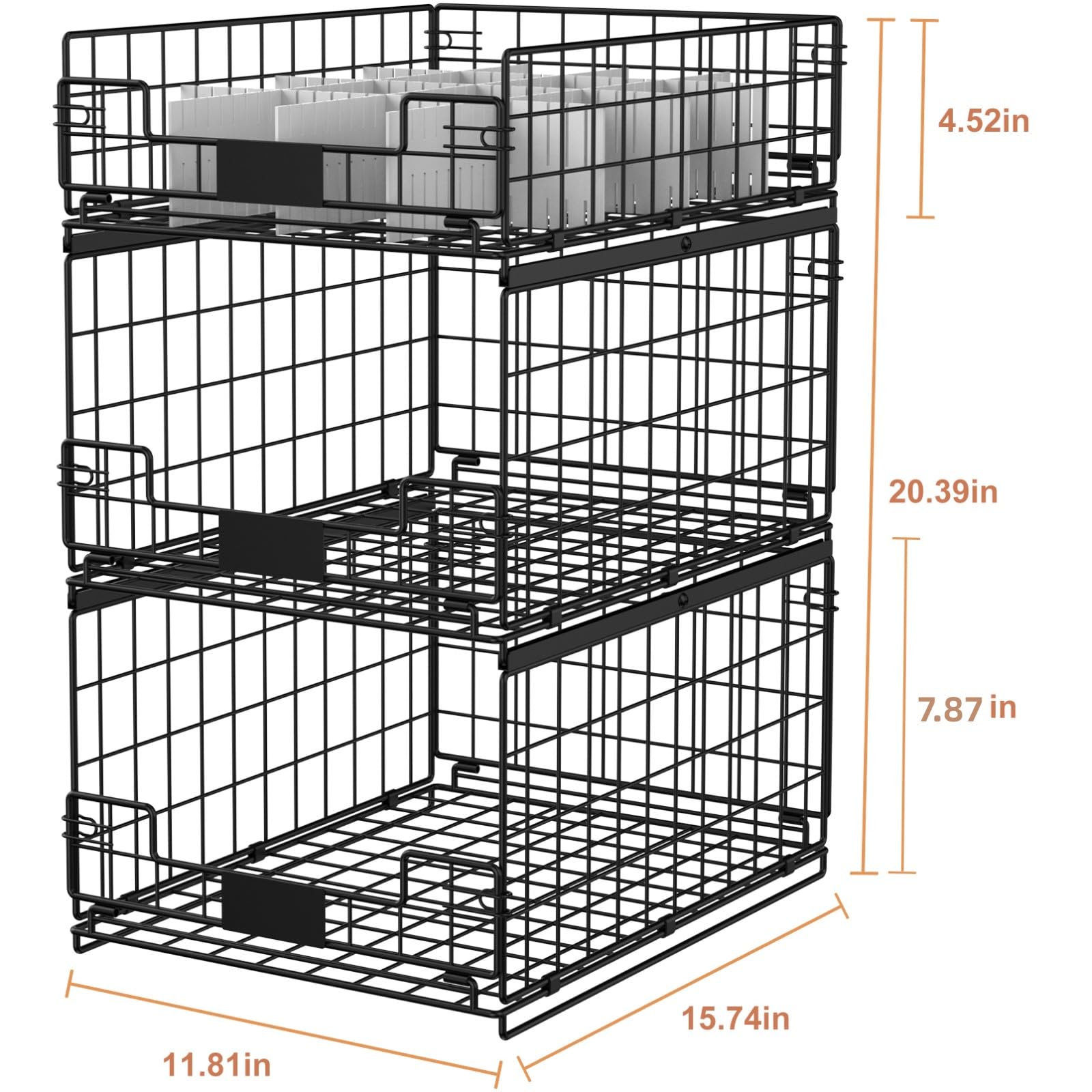 3 Pack Sliding Closet Organizers and Storage, Stackable Closet Storage Shelves, Pull Out Clothes Storage Organizer Baskets/Containers/Drawers with Dividers for Wardrobe (Black-Sturdy Wire Metal Frame)