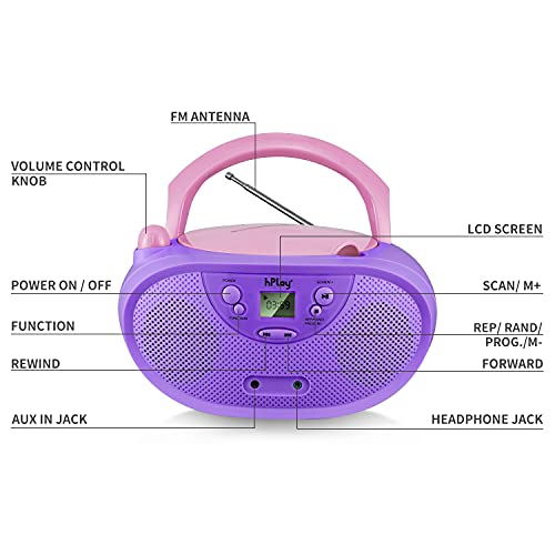 hPlay Gummy GC04 Portable CD Player Boombox with Digital Tunning AM FM Stereo Radio Kids CD Player LCD Display, Aux-Port Supported AC or Battery Powered - Pastel Violet