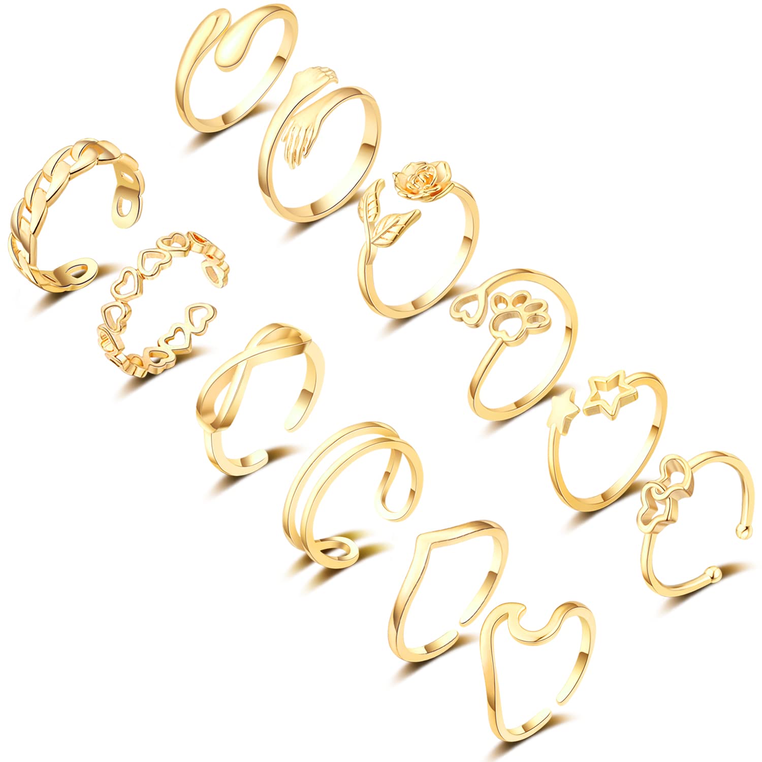 12PCS Adjustable Rings for Women Knuckle Rings Wave Heart Star Hug Link Open Rings Simple Stackable Thumb Rings Silver Rings Set for Teen Girls