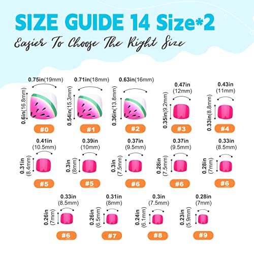 Artquee 28pcs Hot Pink Press on Toenails Short with Watermelon Design Fake Toes Nails Square Glossy Full Cover False Toe Nails Kit for Women in 14 Sizes