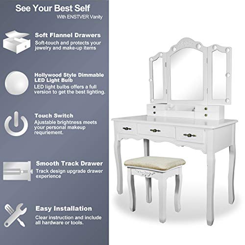 ENSTVER Vanity Beauty Station,Tri-Folding Mirrors,6 Organization 7 Drawers Makeup Dress Table with Cushioned Stool-White