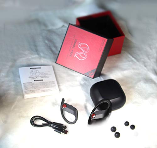 Arkey burds TWS Bluetooth Earbuds V5.0 with Charging Case, True Wireless Stereo Sport Headphones in-Ear Earphones with Mic, Noise Cancelling Headsets with Ear Hooks for iPhone Smartphones (Black/red)