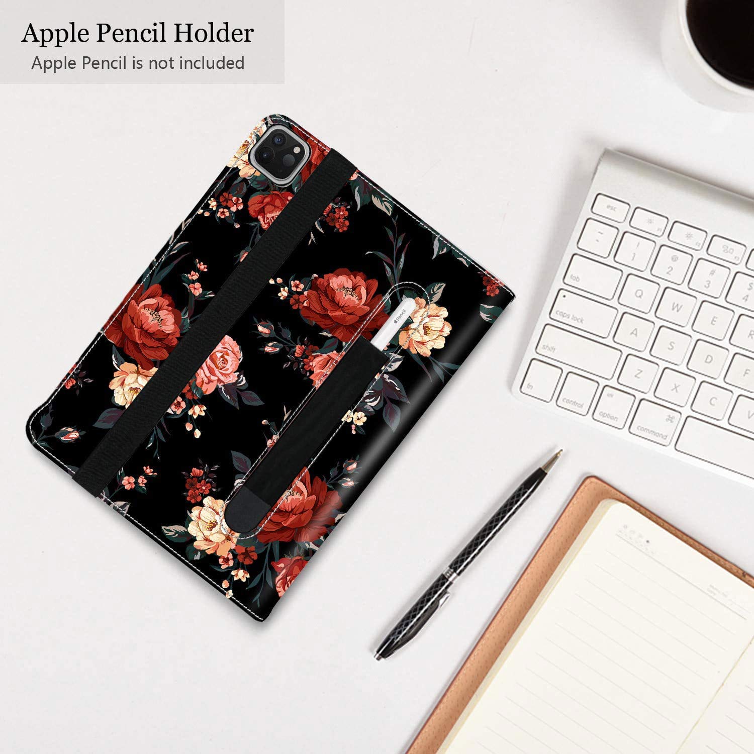 Hepix iPad Pro 12.9 Case 2022 2021 2020 2018 Rose Flower iPad 6th 5th 4th 3rd Gen with Pencil Holder, Black Floral Multi-Angle Stand Pocket Protective Leather Cover Auto Sleep Wake