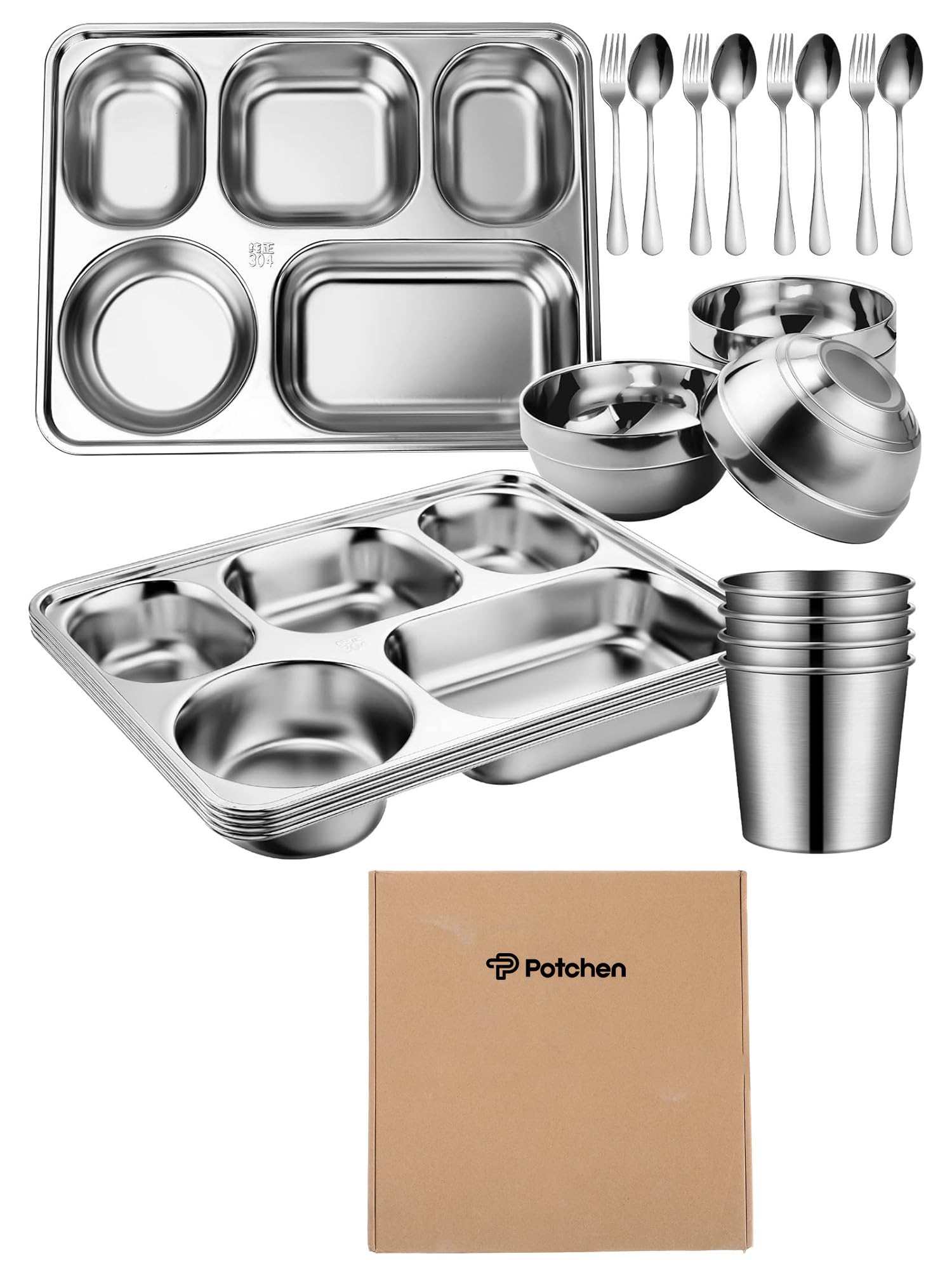 20 Pcs Stainless Steel Dinnerware Set, Including Stainless Steel Rectangular Divided Dinner Tray Spoons and Forks Set Silver Stainless Steel Cups and Stainless Steel Bowl for Home Kitchen Restaurant