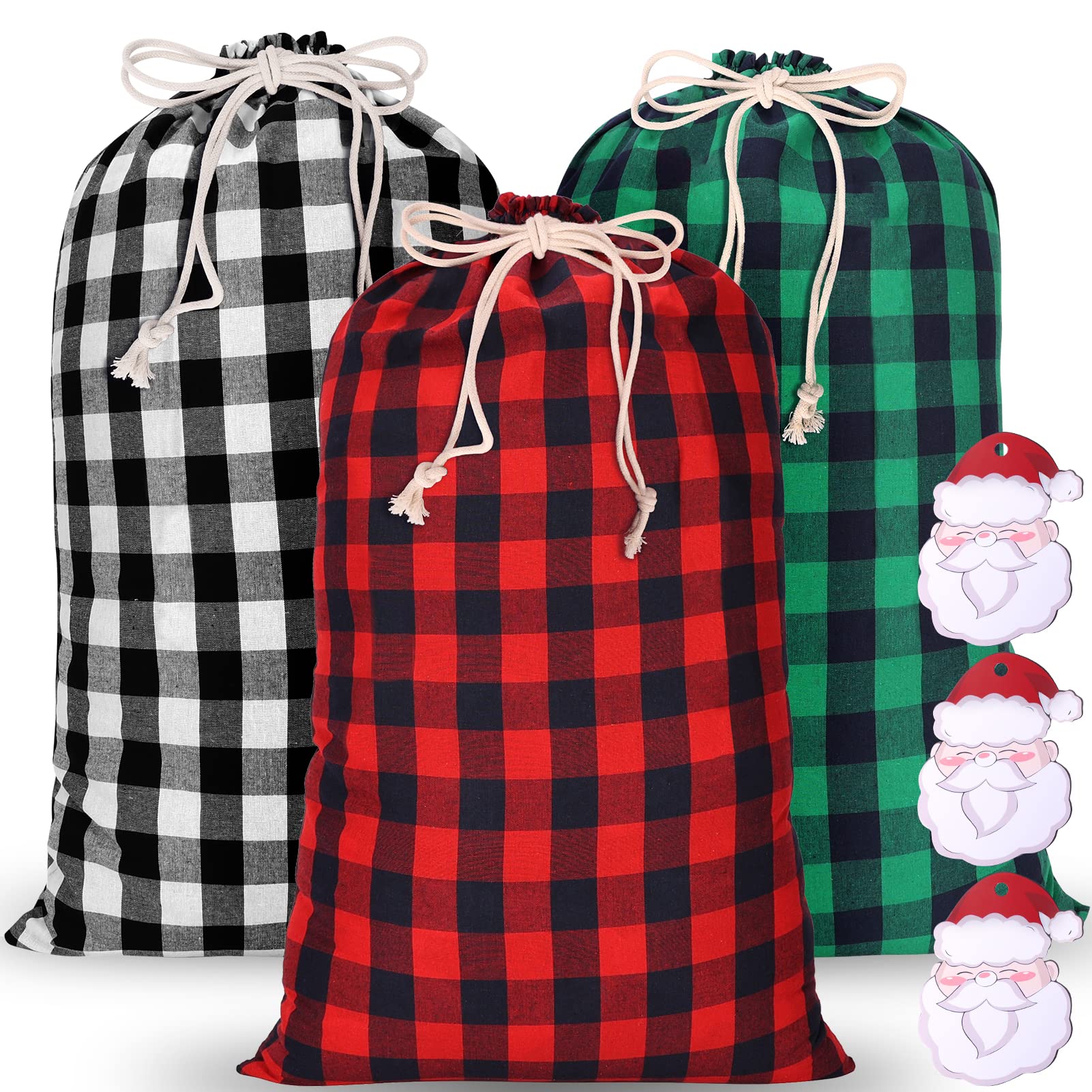 Aboofx 3 Pack Extra Large Christmas Bags with Drawstring, 31.5 x 17.7 Inch Large Plaid Fabric Bags Santa Sack Present Bags Stocking Storage for Christmas Party Xmas Ornaments Supplies