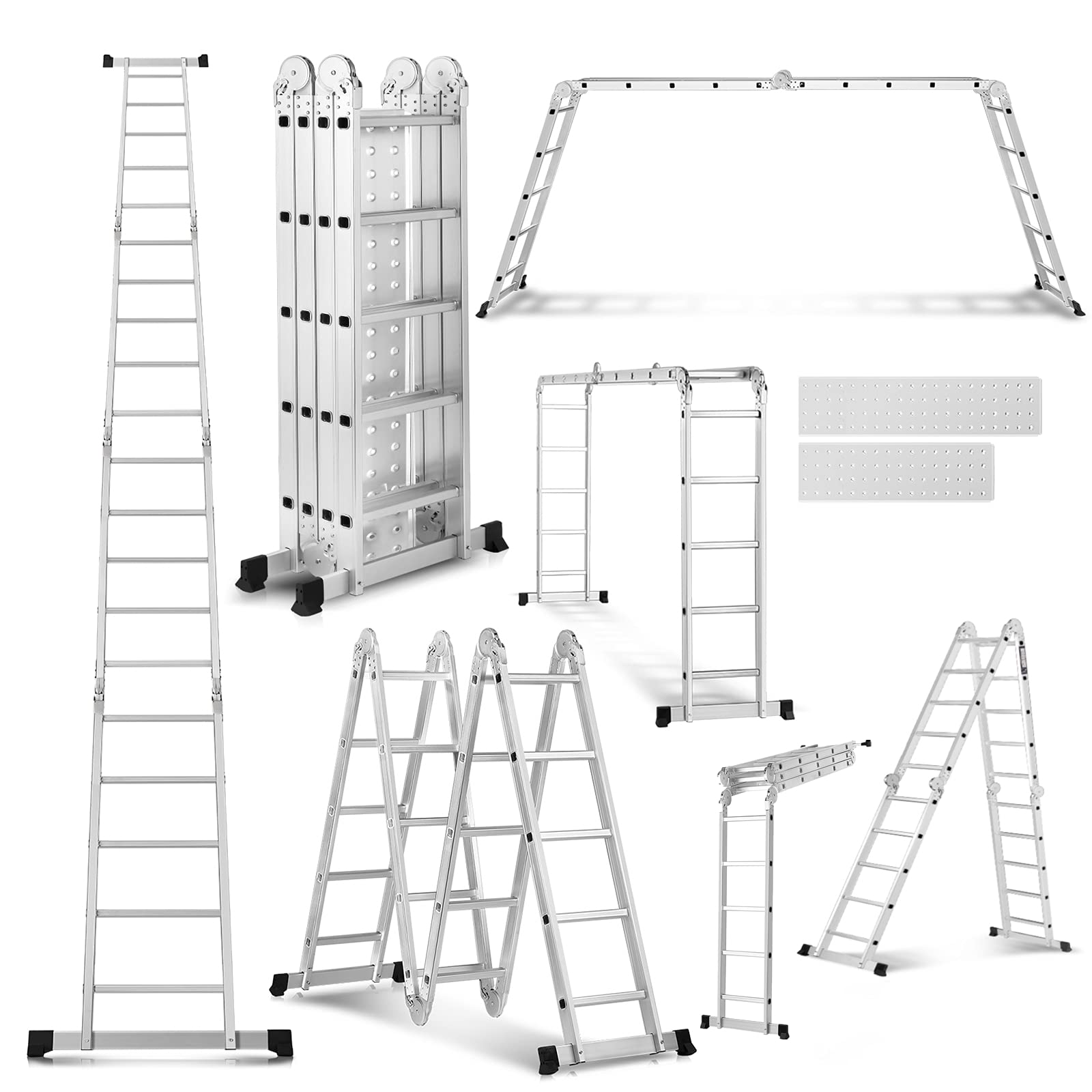 19.5 ft Folding Ladder Heavy Duty Step Tall Ladders with 2 Platform Plates Multipurpose Aluminum Extension Scaffolding Platform, 300 lbs (Sliver)