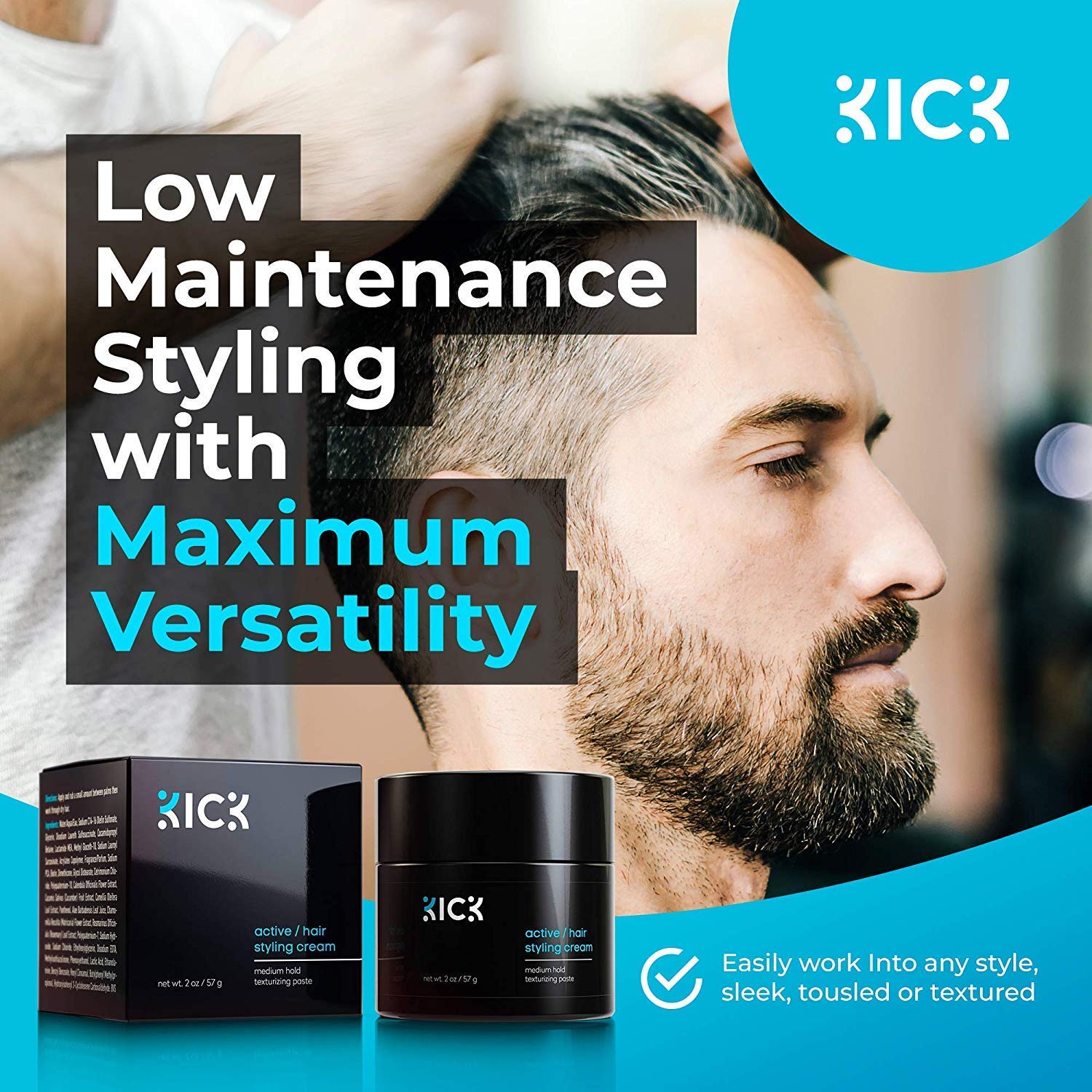Kick Men’s Shampoo + Conditioner + Hair Styling Cream - Men’s Basics Bundle Itchy Scalp Styling for Dandruff & Thinning Hair - High Performance Anti-Dandruff, Anti-Hair Loss System for Men
