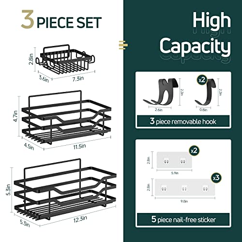 ACMETOP Adhesive Shower Caddy 3-Pack Shower Organizer No Drilling Shower Shelves with 3 Hooks & Soap Holder, Rustproof SUS304 Stainless Steel Bathroom Caddy, Shower Shelf for Inside Shower