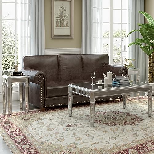 3-Piece Coffee table and End Tables Set,Glass Mirrored Coffee Table with Adjustable Height Legs and Crystal Design,Fashionable Cocktail Table,Easy Assembly Rectangular Glass Coffee Table,Silver