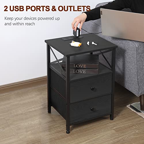 AMHANCIBLE Night Stand Set 2, Black Nightstand with Charging Station, End Tables Living Room with USB Ports and Outlets, Bed Side Tables Bedroom with Drawers HET05XBK