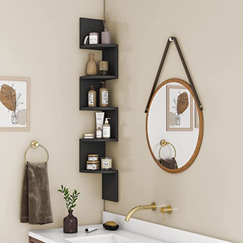 Bundled Black Floating Shelves of GREENDEW Wood Shelves Invisible Mounted (Set of 2) and Corner Wall Shelf 5-Tier for Living Room, Bedroom, Bathroom, Kitchen, Office Storage