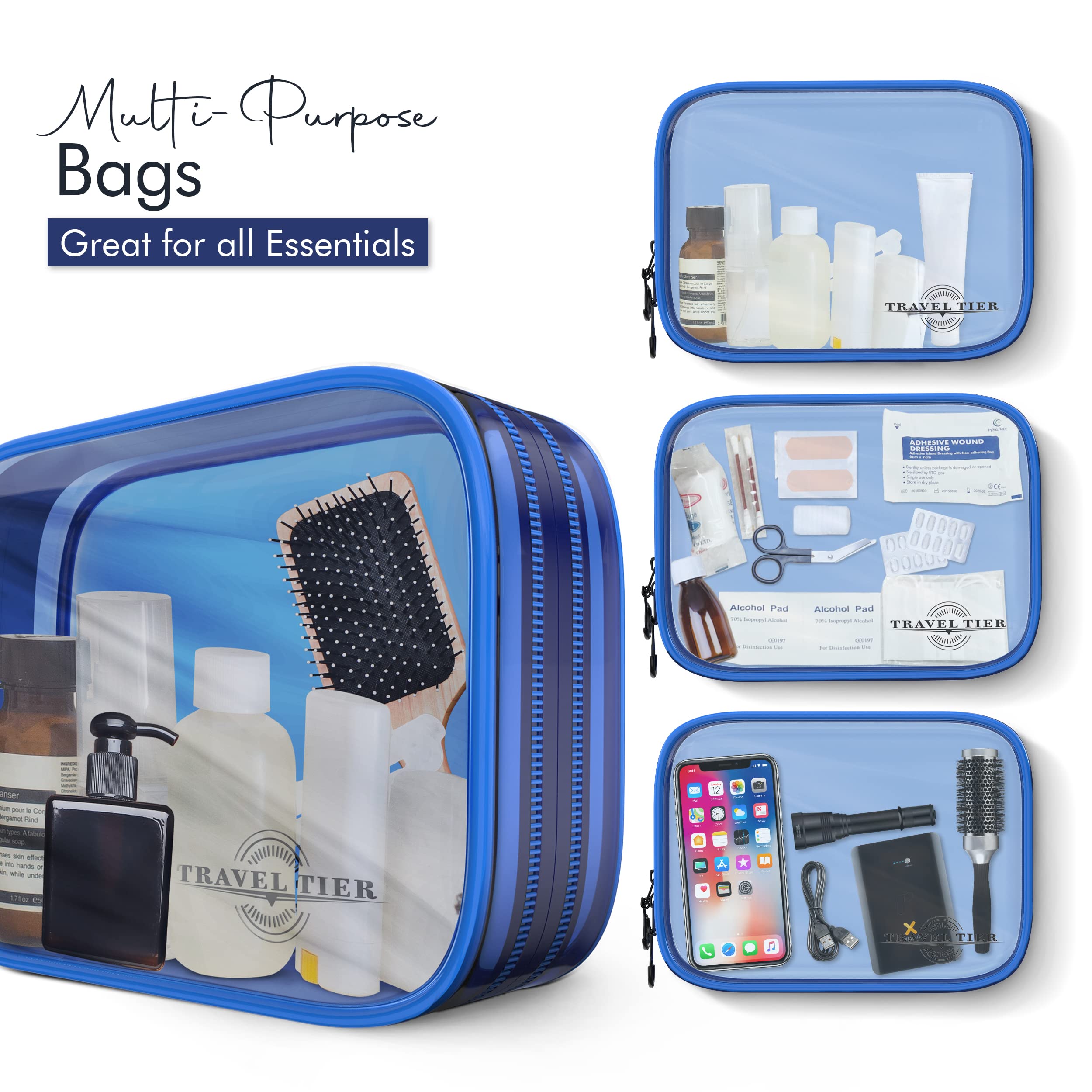 3 Pack Transparent Quart Size TSA Approved Toiletry Bags/Make Up Bags (Blue)