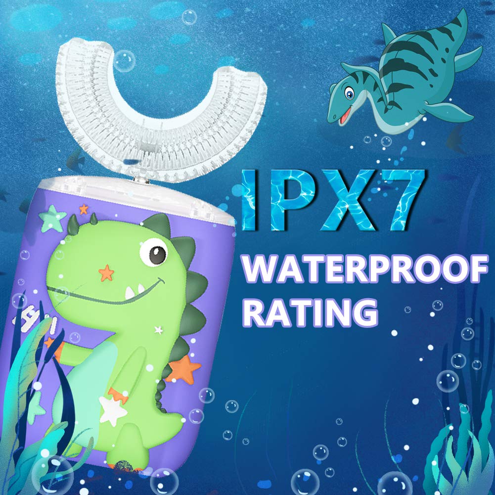 Kids Electric Toothbrushes Dinosaur U Shaped Rechargeable Ultrasonic Automatic Toothbrush for Toddler with Replacement Brush Heads 6 Cleaning Modes IPX7 Waterproof 360° Oral Care 45S Timer (Age 2-7)