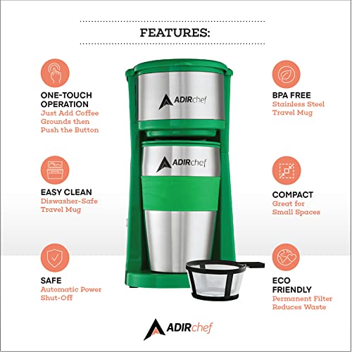 AdirChef Single Serve Mini Travel Coffee Maker & 15 oz. Travel Mug Coffee Tumbler & Reusable Filter for Home, Office, Camping, Portable Small and Compact (Green)