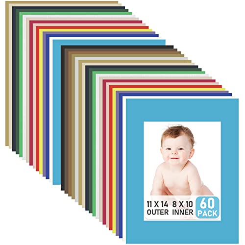 60 Pack Picture Mats 11 x 14 Inch Frame Mattes Matting with Acid Free Pre Cut Mattes White Core Bevel Cut Mats for 8 x 10 Pictures for Home Gallery Wall Hanging Art Decoration (Mixed Colors)